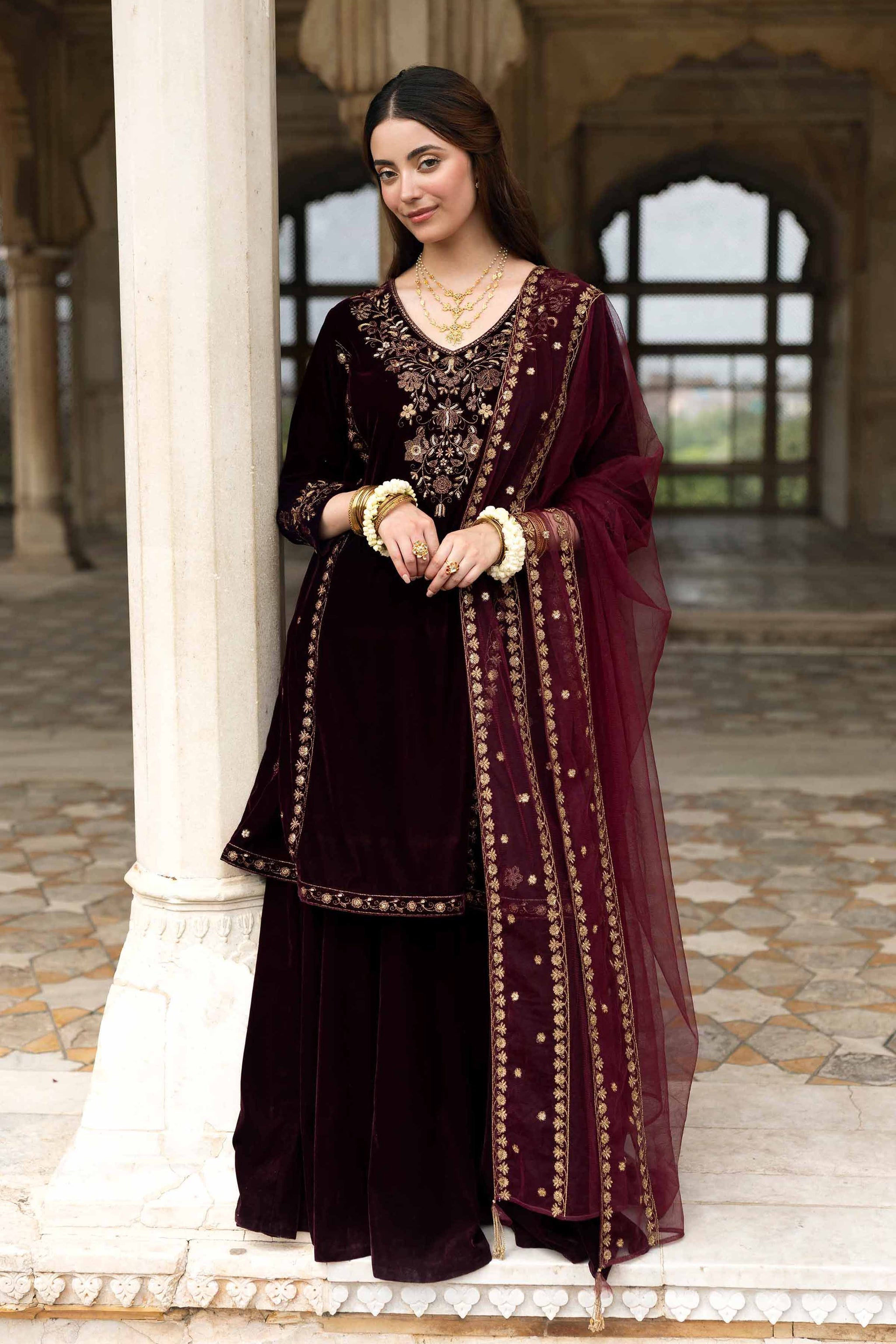 Buy Plum Embroidered Velvet 3-piece ready to wear Suit