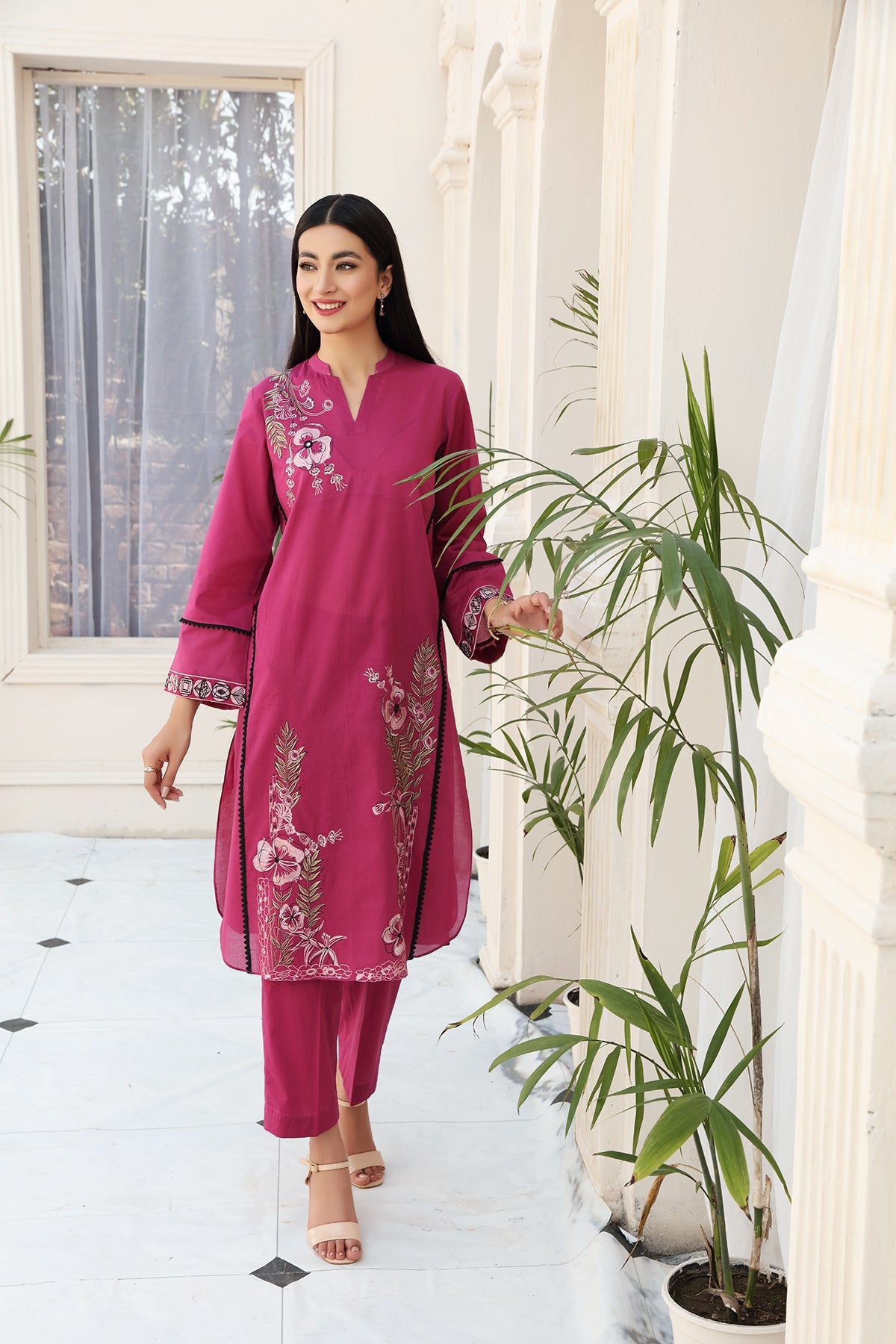 PDE22-16-Band Neckline Embroidered Shirt With Trousers 2PC – NISHAT USA