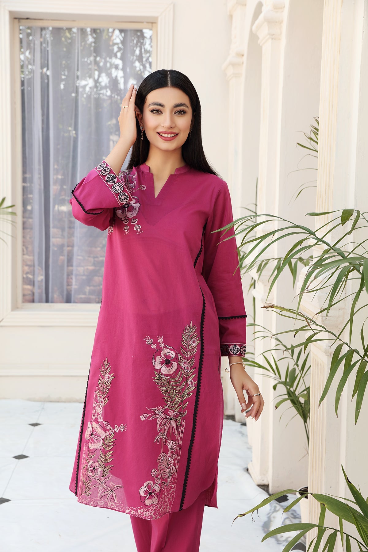 PDE22-16-Band Neckline Embroidered Shirt With Trousers 2PC – NISHAT USA